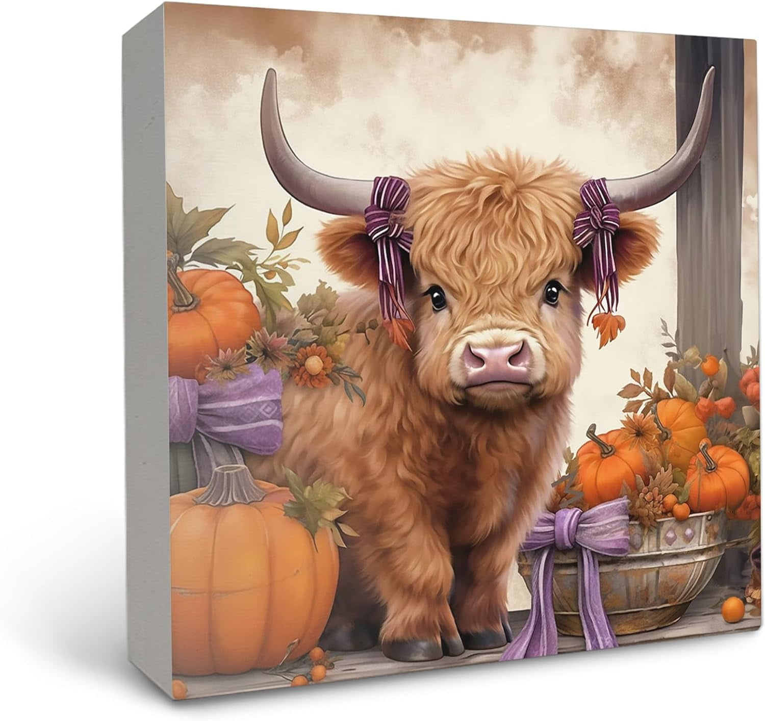 AABERIC Highland Cow Decor - Fall Pumpkin Highland Cow Nursery Wood Box ...