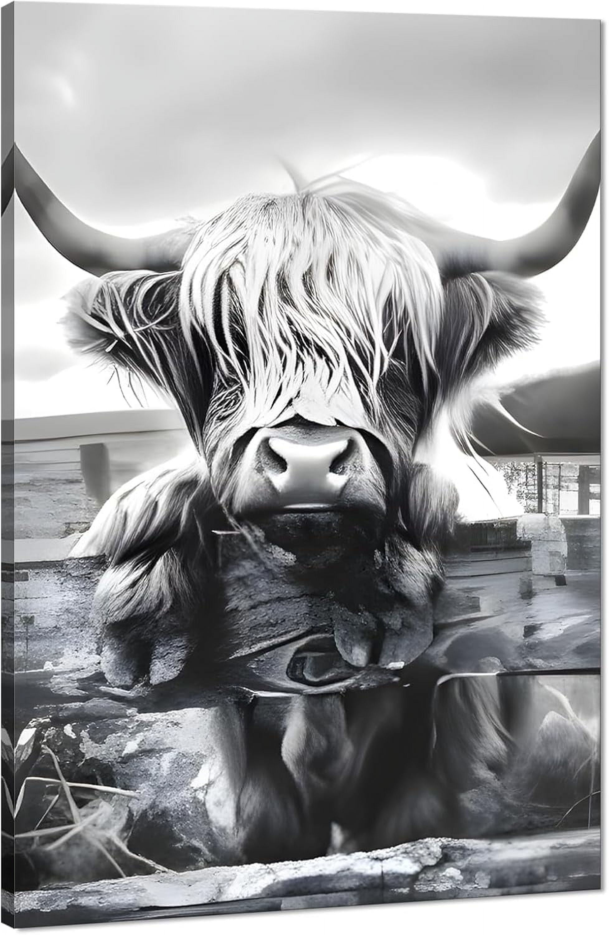 AABERIC Highland Cow Wall Art Black and White Cow Picture Farmhouse ...
