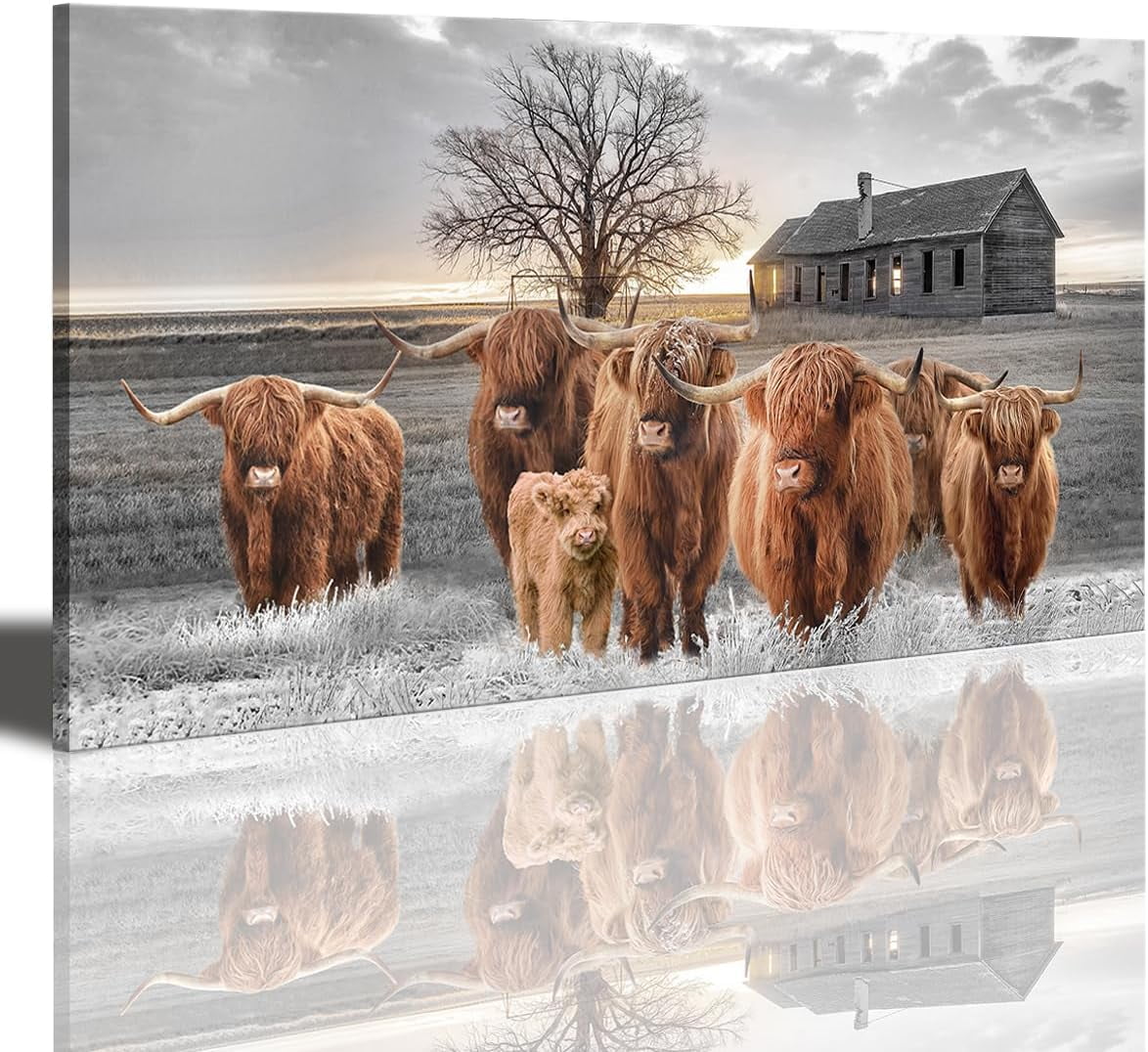 AABERIC Highland Cow Wall Art Canvas Scottish Cow Pictures Wall Décor ...