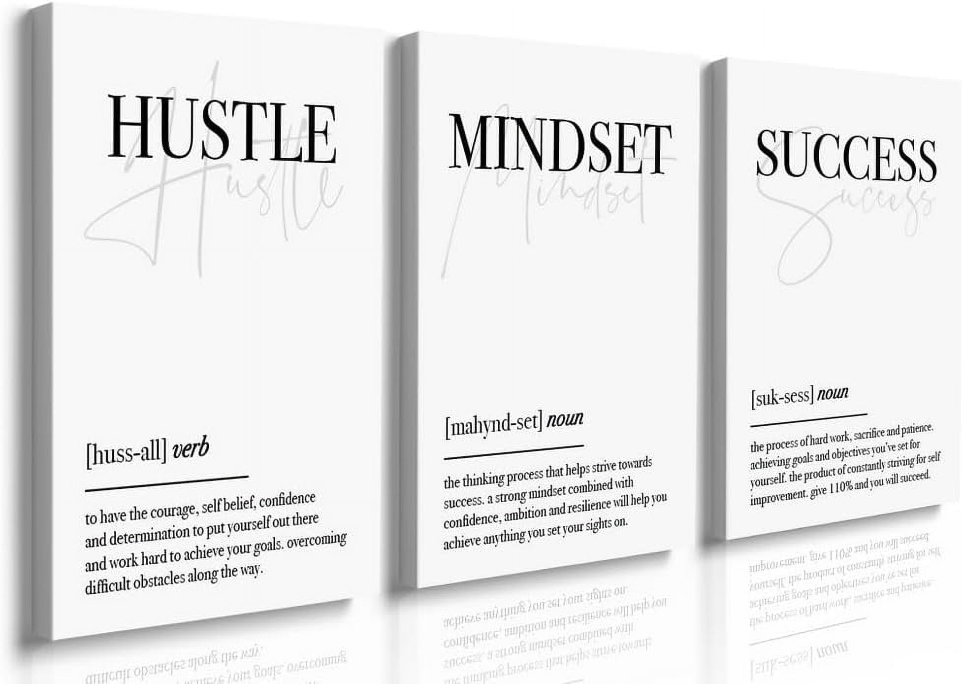 AABERIC Hustle Mindset Success Wall Art Set of 3 Framed Canvas Black and White Motiviational ...
