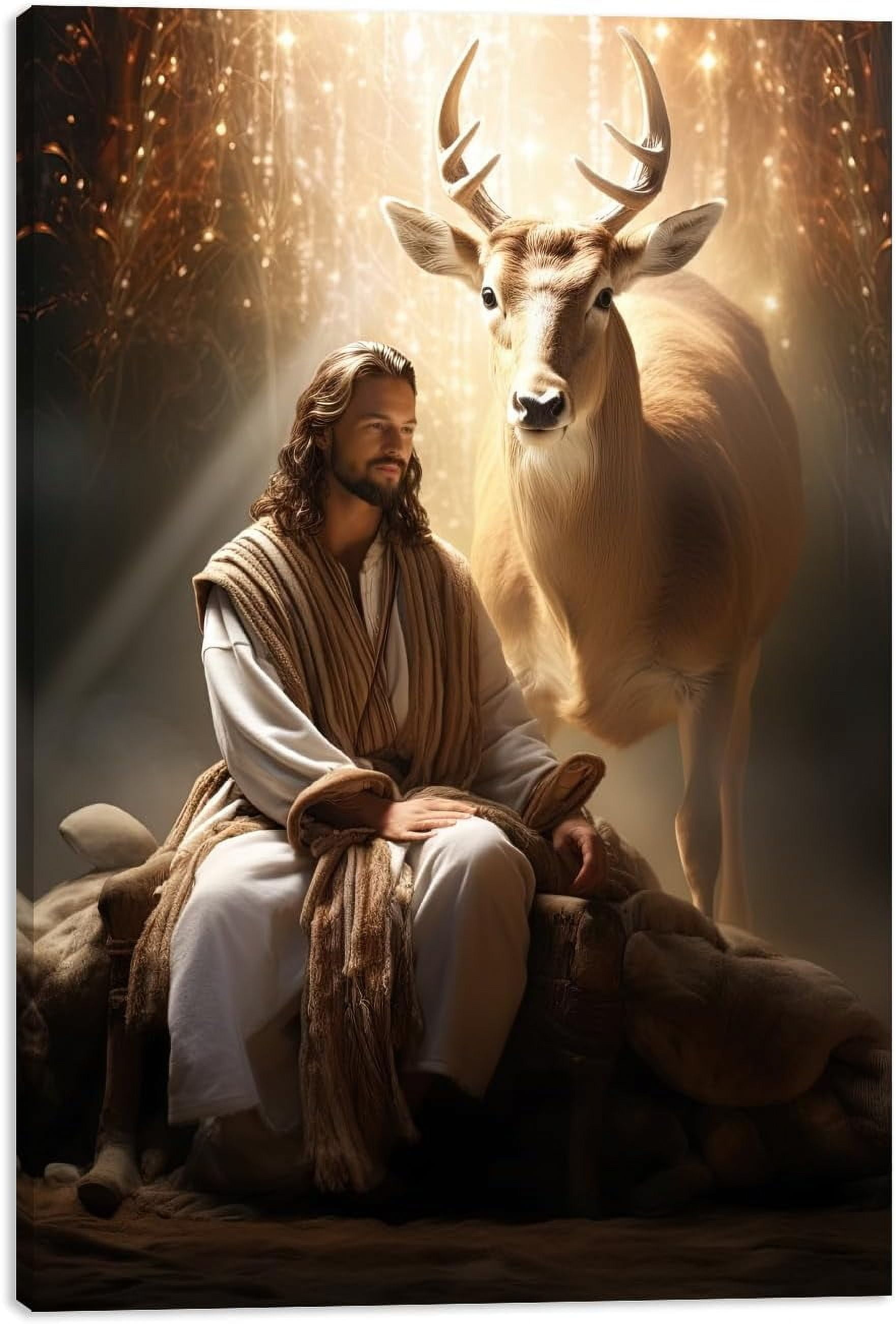 AABERIC Jesus Christ Canvas Wall Art, Jesus and Deer Painting Print ...
