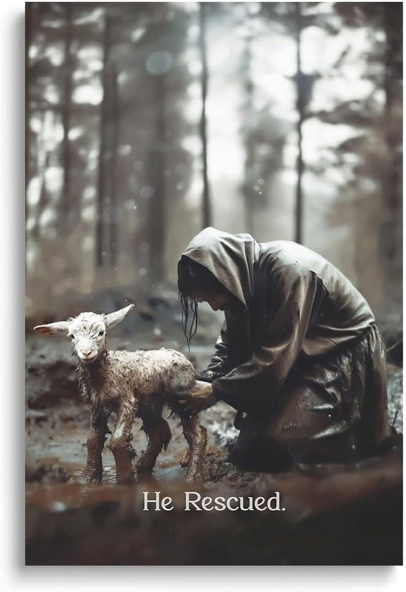 AABERIC Jesus and Lamb Canvas Wall Art Jesus Rescues Lost Lamb Picture ...