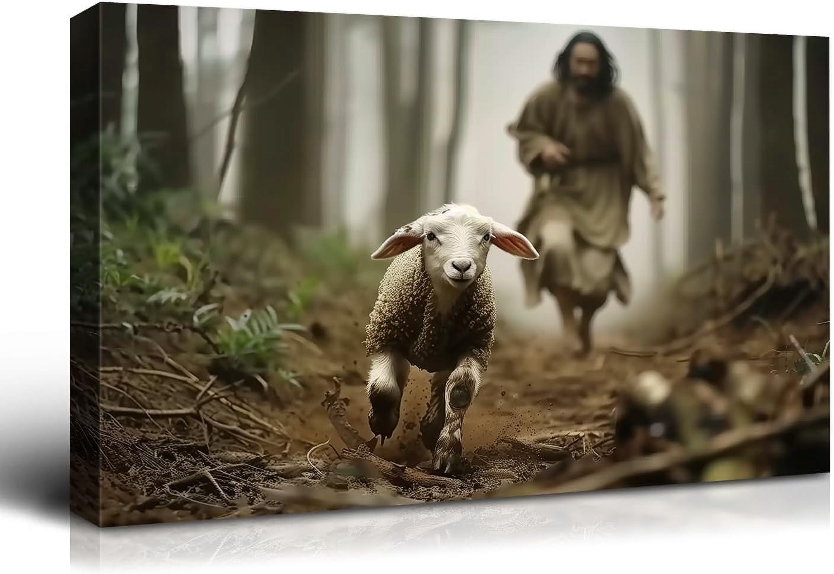 AABERIC Jesus and Lamb Canvas Wall Art Jesus Rescues Lost Lamb Picture ...