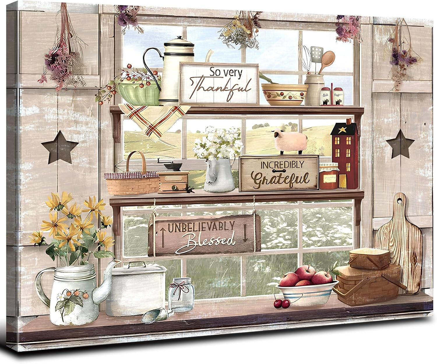 AABERIC Kitchen Canvas Wall Art Rustic Windowsill Kitchenware Picture ...