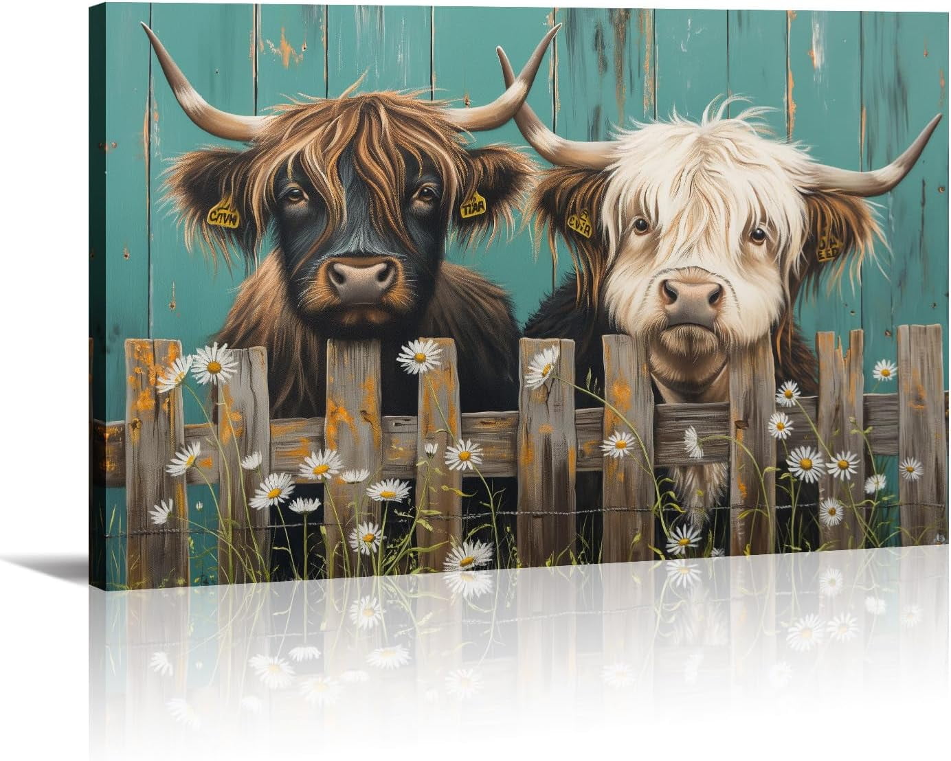 AABERIC Large Cow Wall Decor Canvas Wall Art Two Highland Cow Fence Picture Vintage Cyan Poster ...