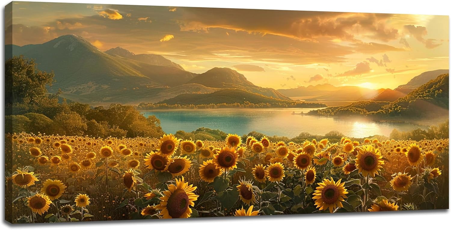 AABERIC Large Sunflower Landscape Wall Art Mountain Lake Pictures Wall Decor Nature Canvas ...