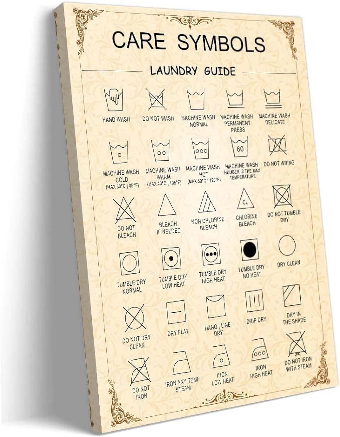 AABERIC Laundry Symbols Wall Art Knowledge Canvas Framed Wall Art Laundry Guide Vintage ...