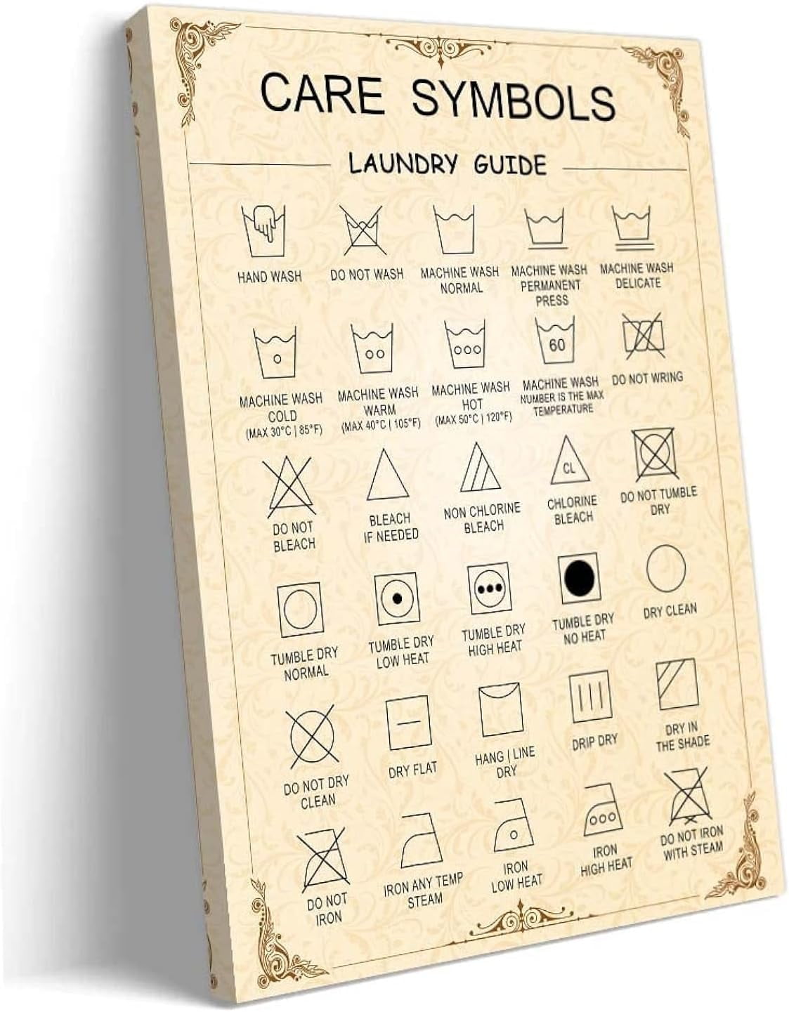 AABERIC Laundry Symbols Wall Art Knowledge Canvas Framed Wall Art Laundry Guide Vintage ...