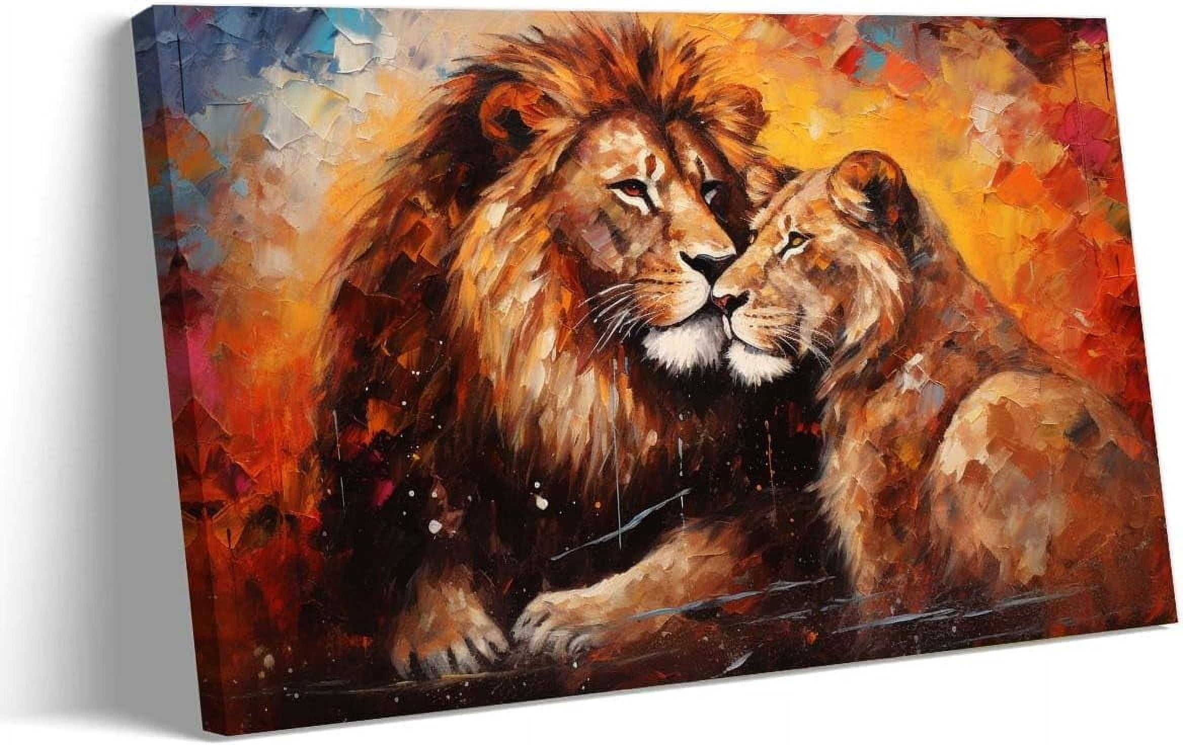 AABERIC Lion and Lioness Wall Art Framed Pictures Prints Retro Abstract ...
