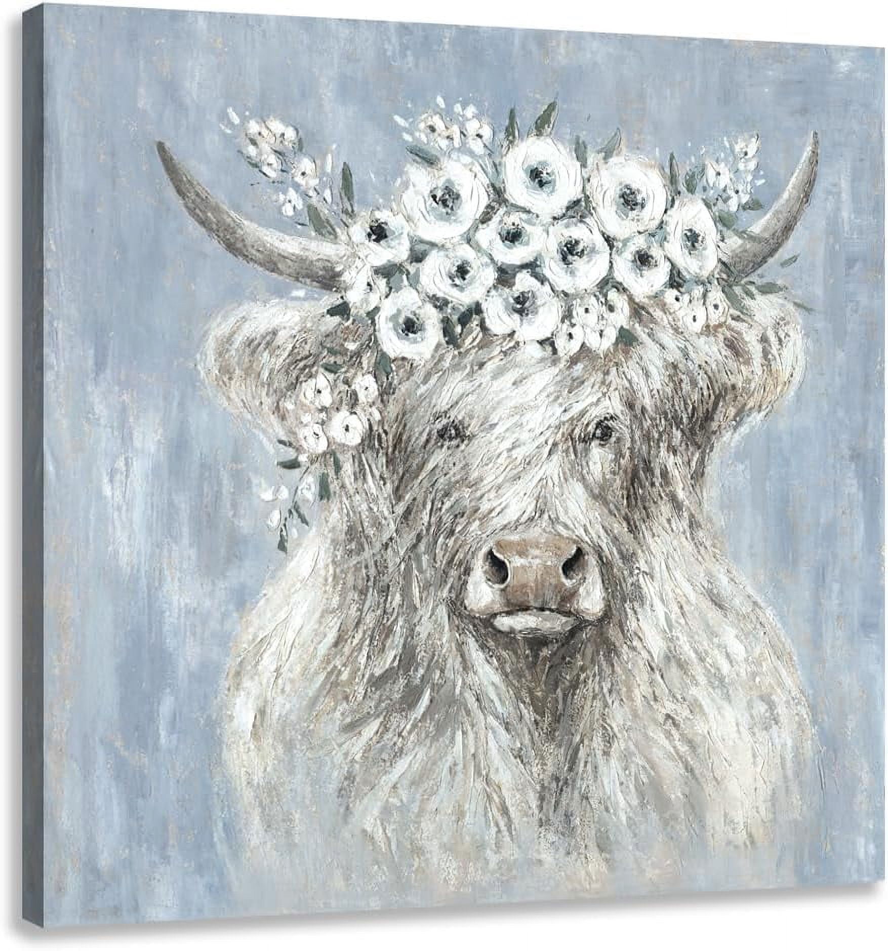 AABERIC Long with Flowers on Its Head Decor Wall Art Gray Highland Cow ...