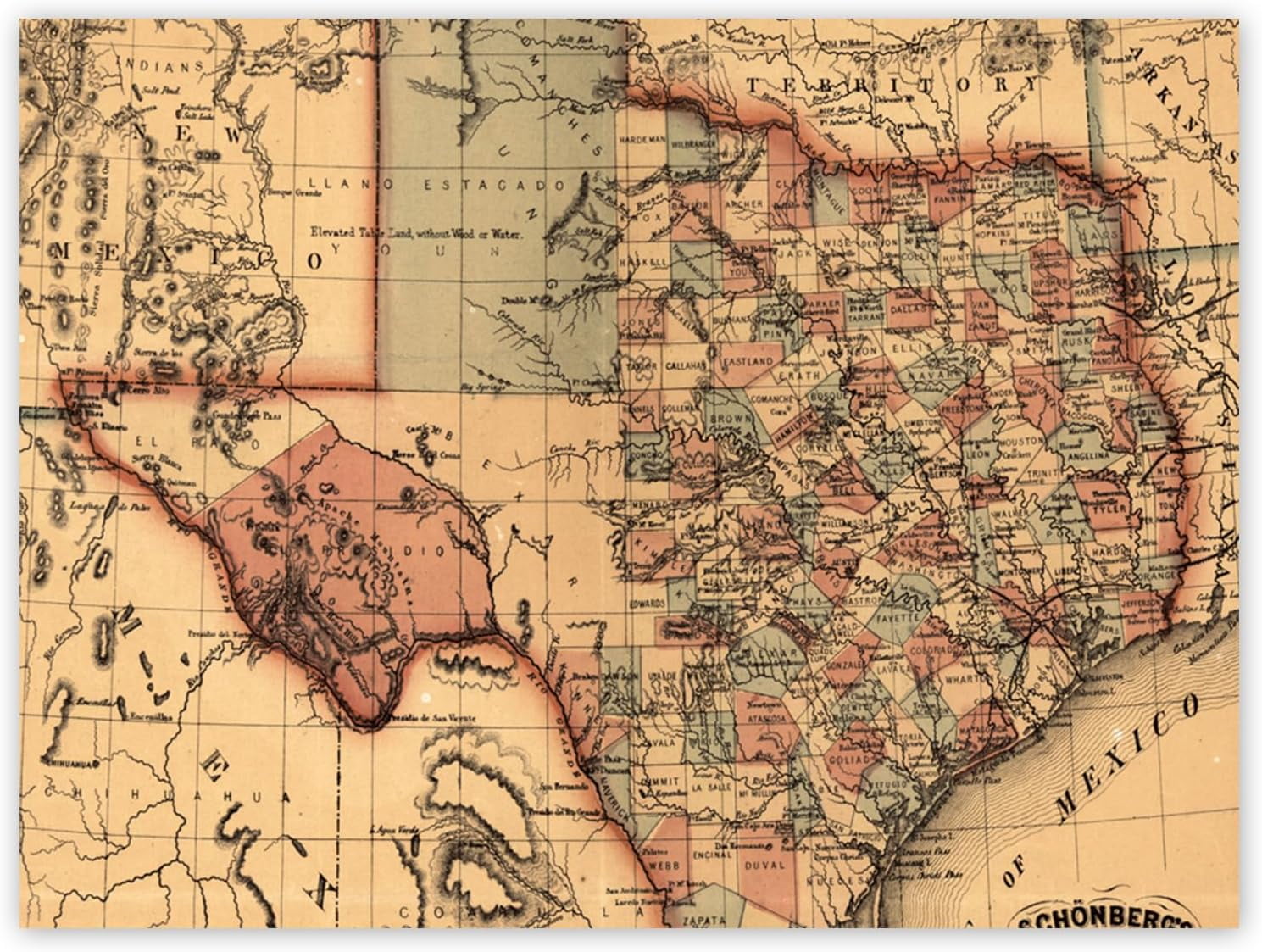AABERIC Map Antique Schonberg 1866 Texas Historic Large Replica Poster ...