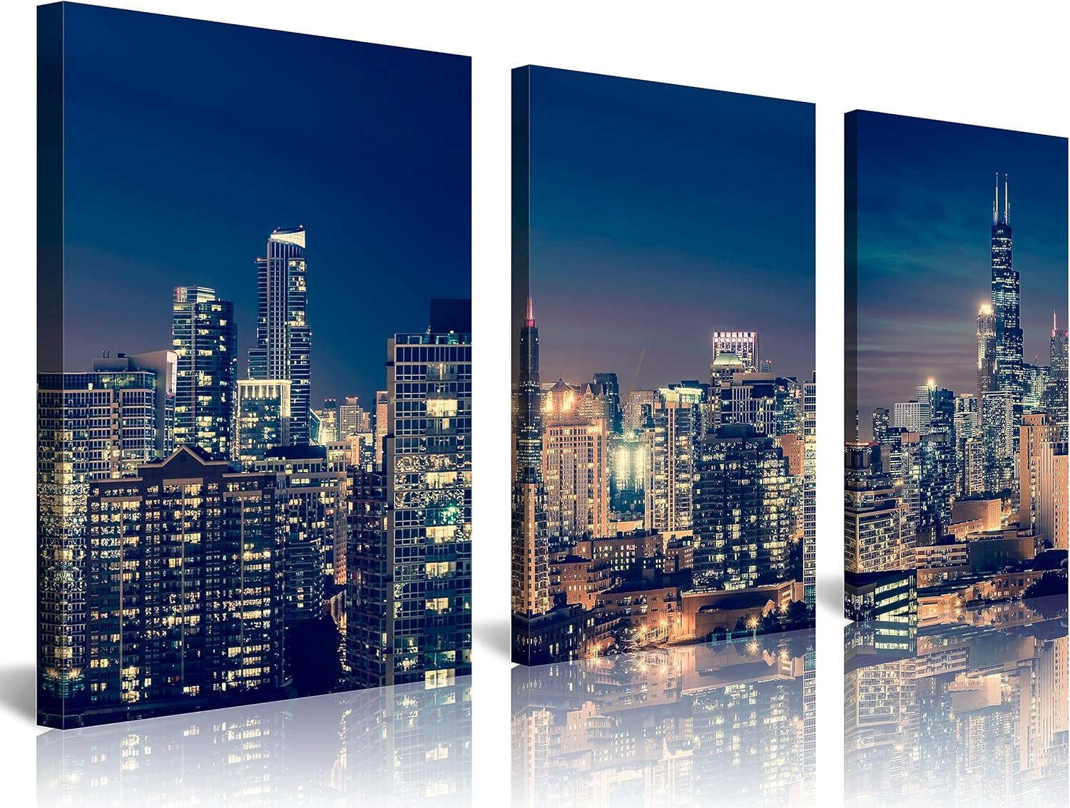AABERIC Modern Canvas Painting Chicago Skyline at Night Wall Art ...