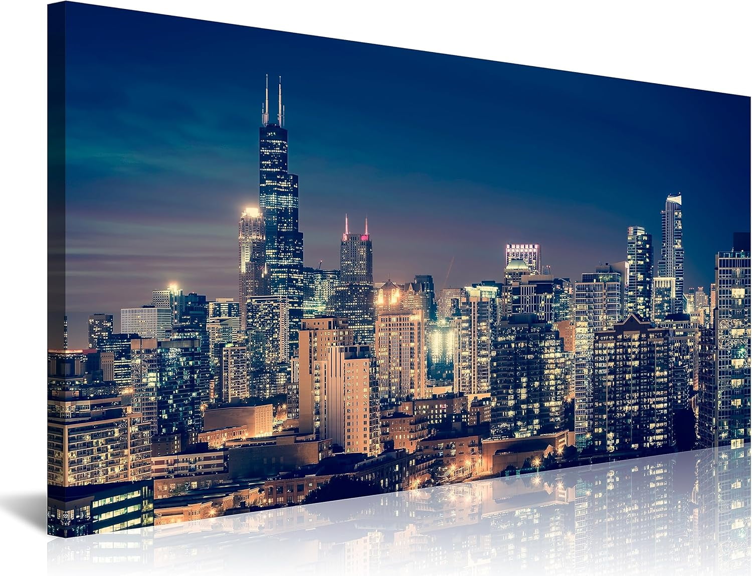 AABERIC Modern Canvas Painting Chicago Skyline at Night Wall Art ...