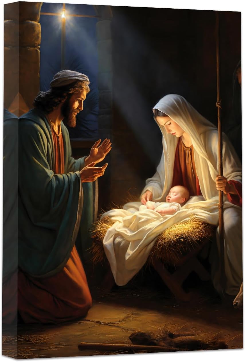 AABERIC Nativity Canvas Print Wall Art Mary Joseph and Baby Jesus ...