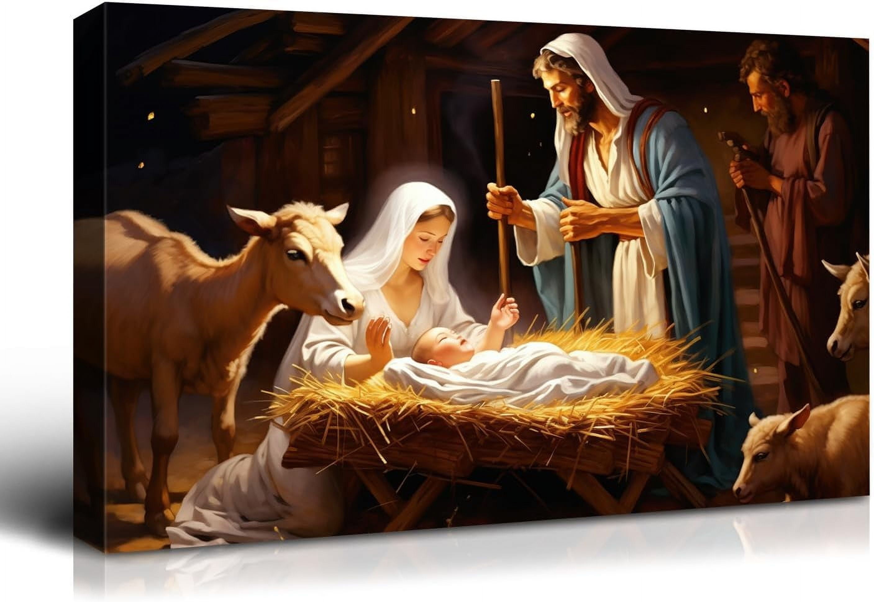 AABERIC Nativity Scene Canvas Wall Art, Religious Christmas Manger Picture Print with Holy ...