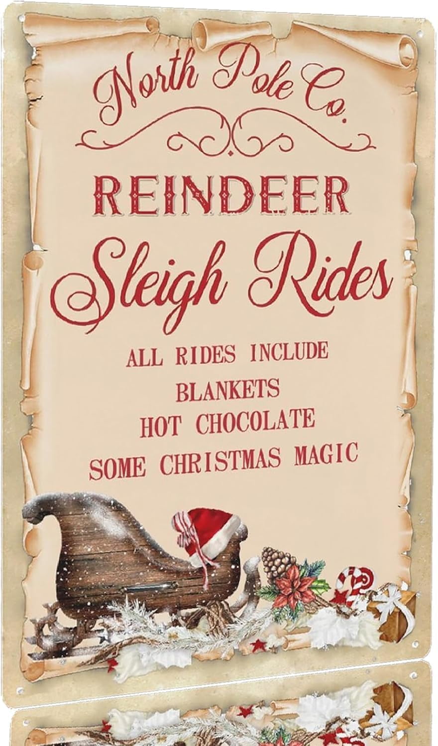 AABERIC North Pole Reindeer Sleigh Rides Metal Aluminum Sign Vintage ...