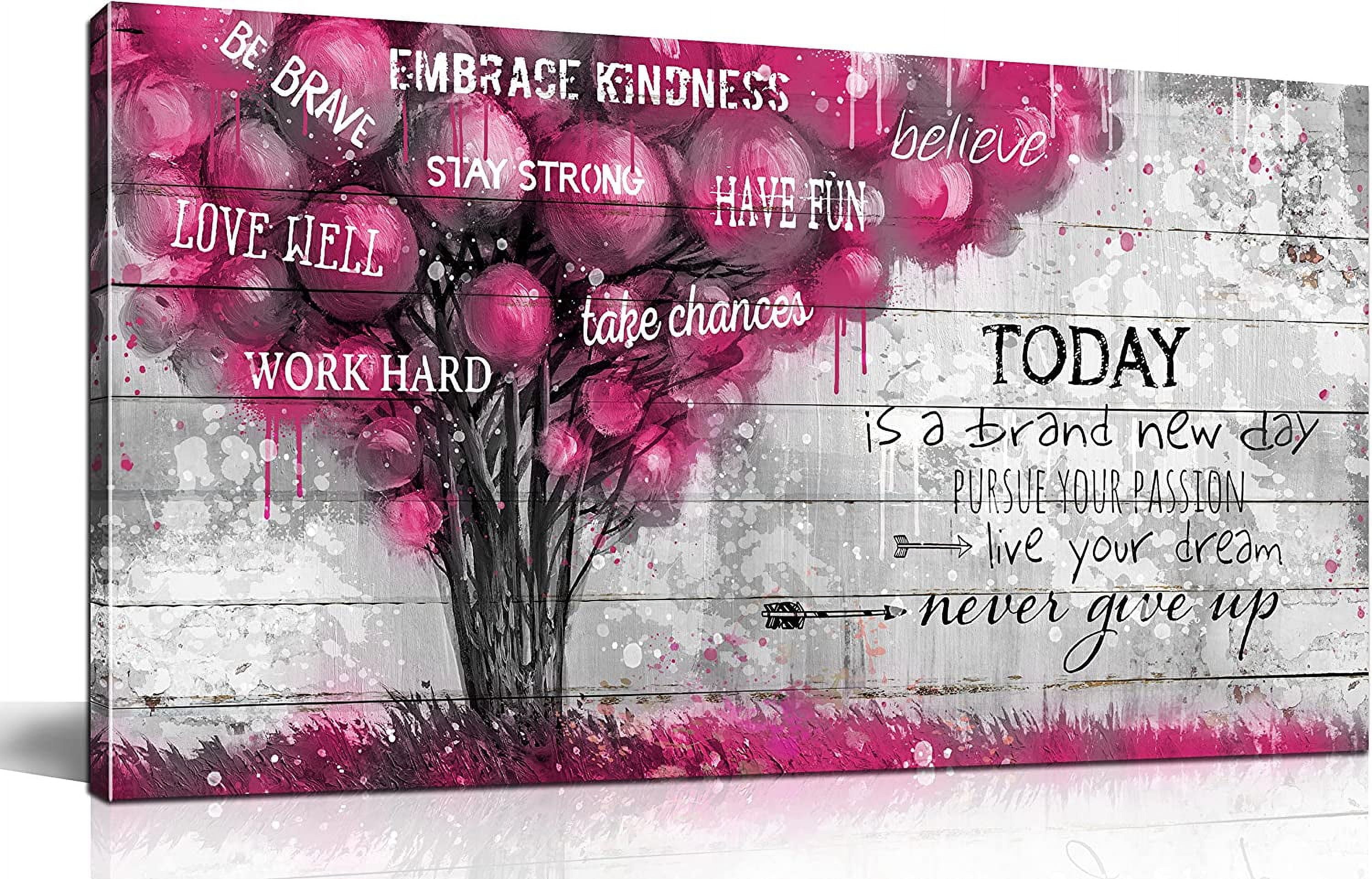 AABERIC Pink Canvas Wall Art Motivational Quotes Tree Art For Bedroom ...