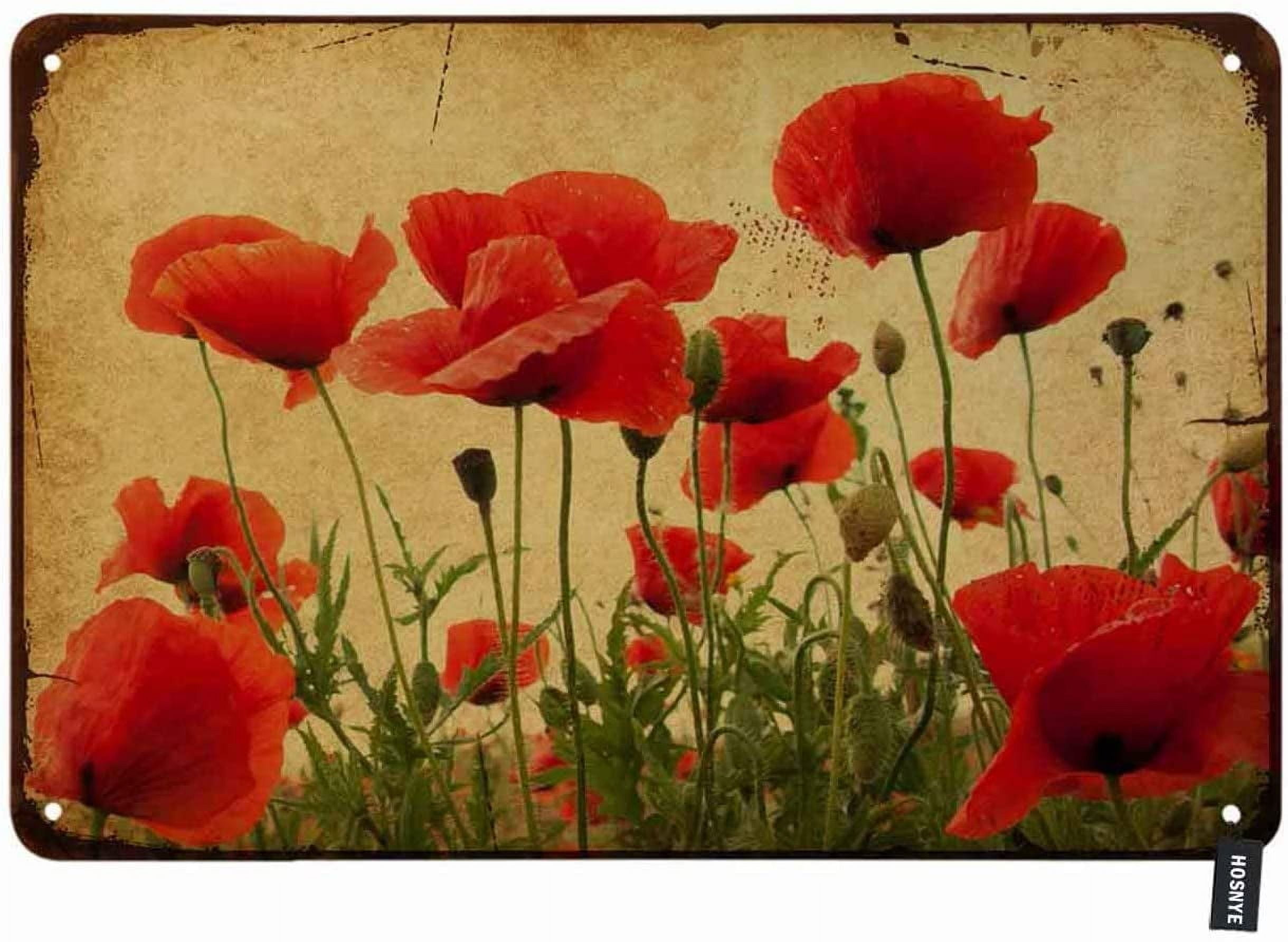 AABERIC Poppies Flower Tin Sign Beautiful Vintage Textures with Field ...