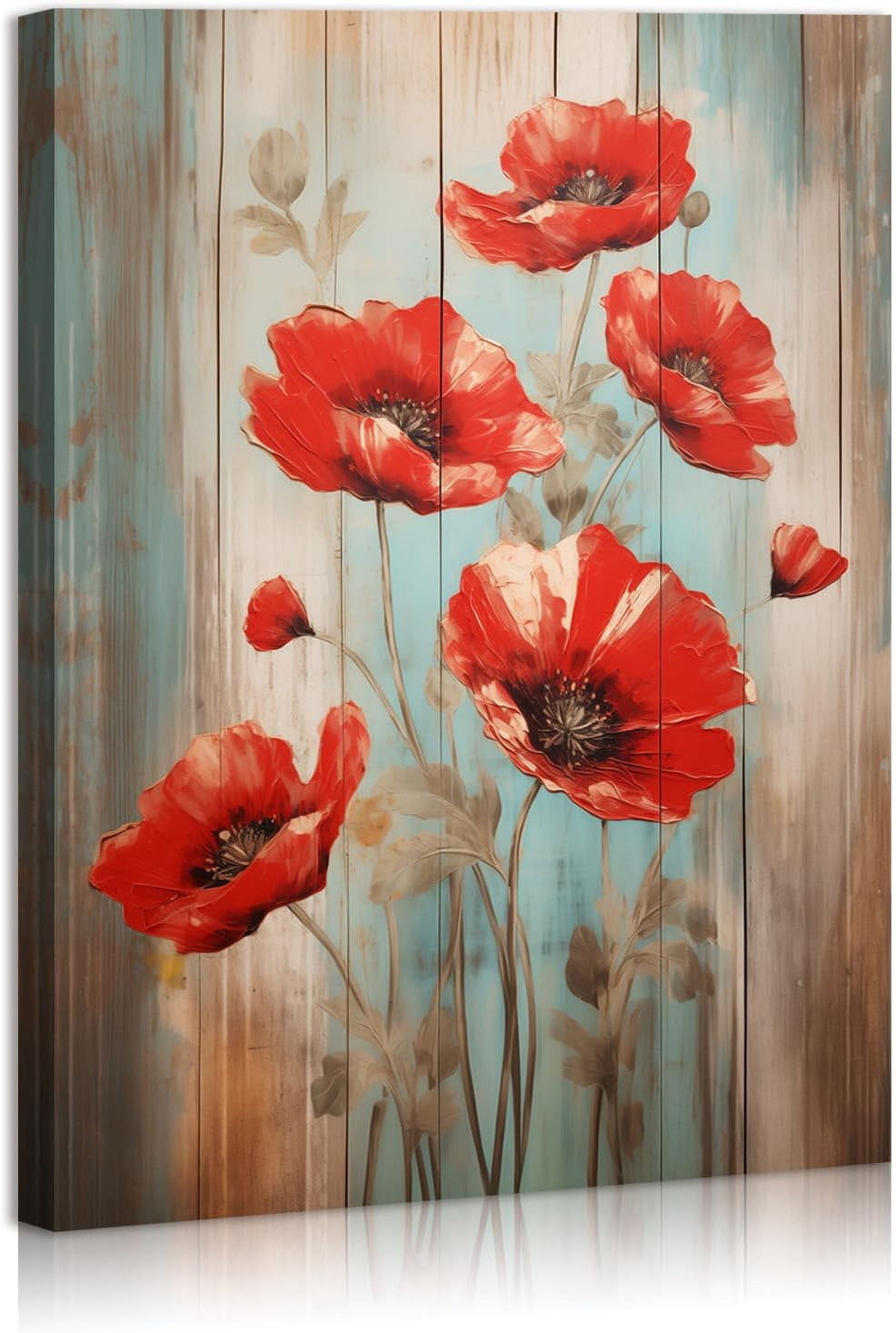 AABERIC Red Flower Wall Art Canvas Rustic Red Flower Pictures Plant ...
