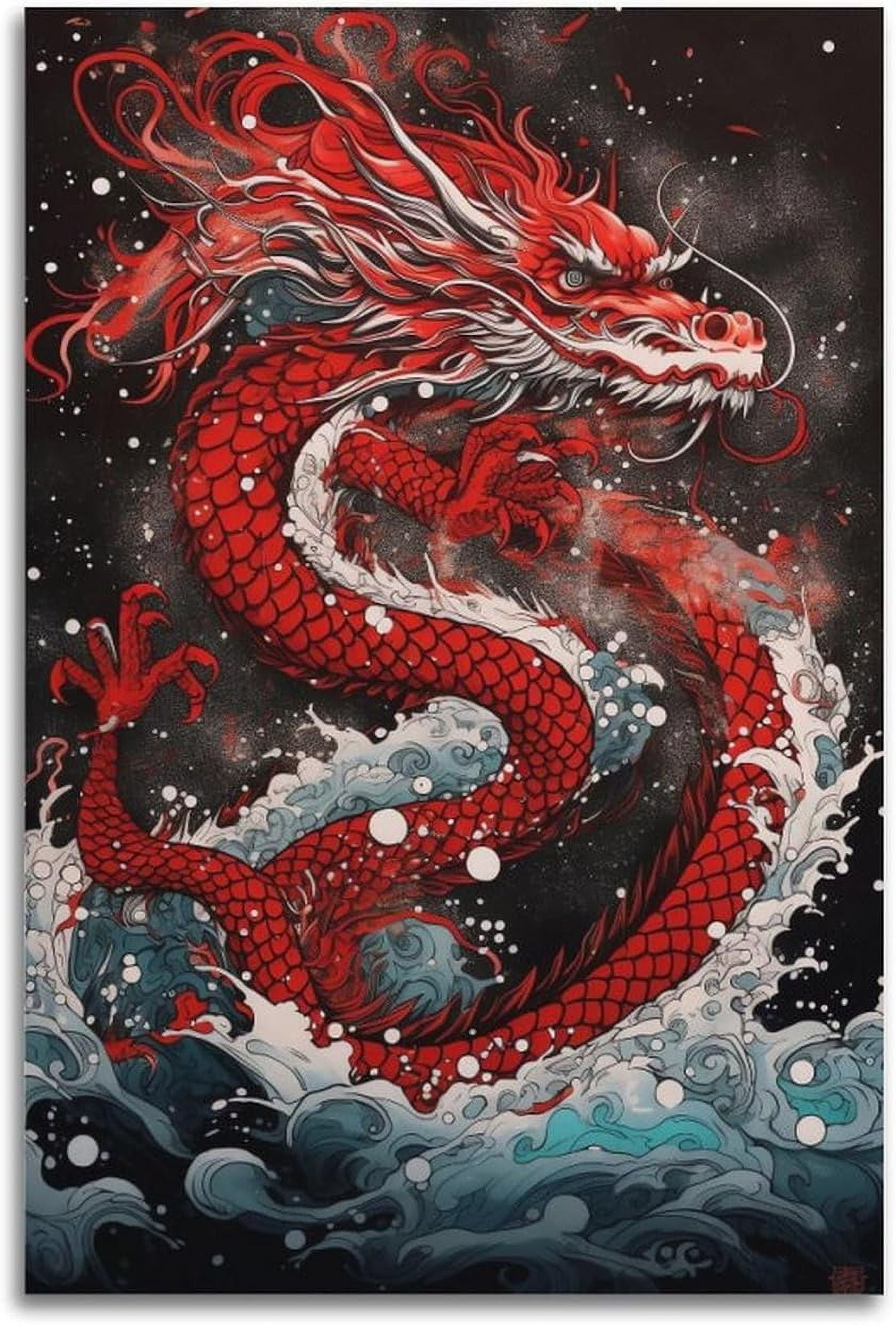 AABERIC Red Giant Dragon in The Sea, Dragon Wall Art, Asian Style ...