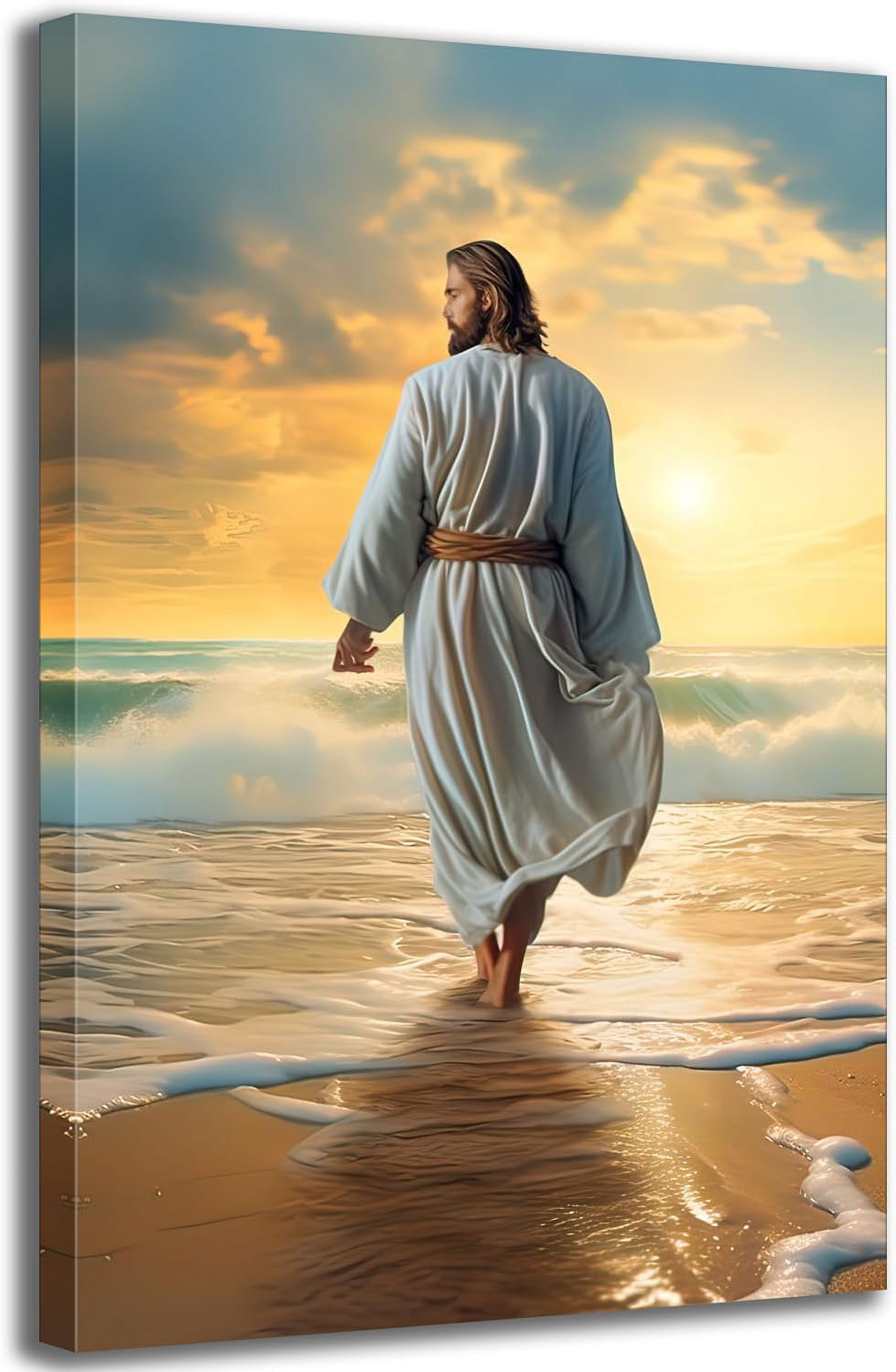 AABERIC Religious Canvas Painting Jesus Walking on the Beach Poster ...