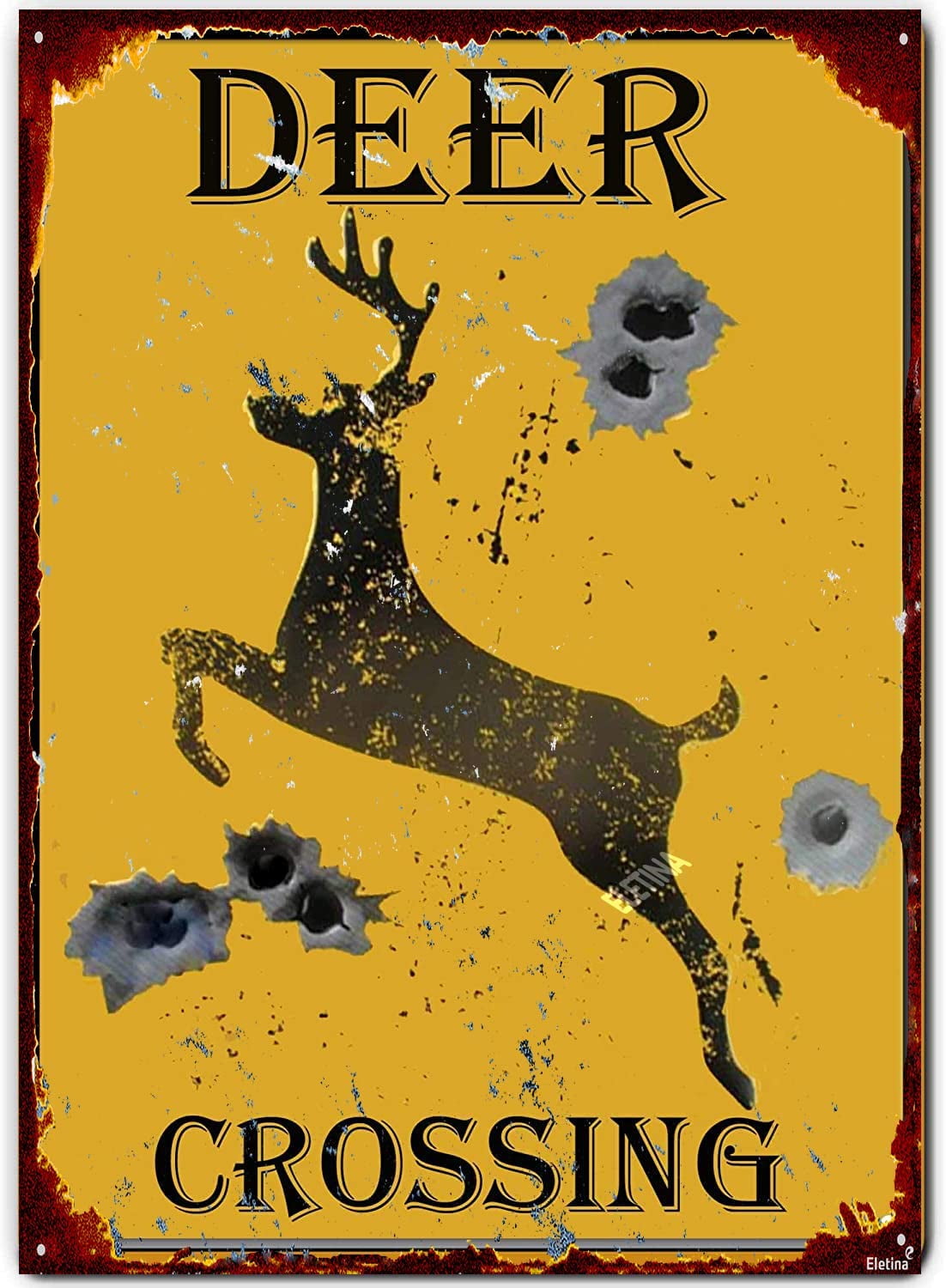 AABERIC Retro Metal tin Sign Deer Crossing Caution Yellow Sign Holes ...