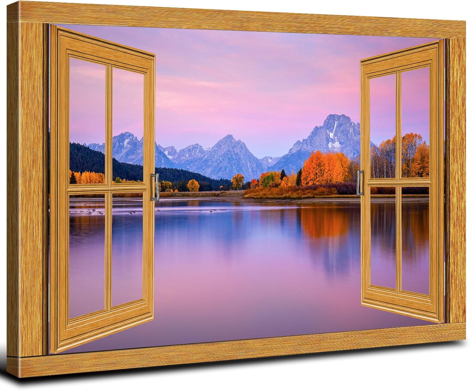 AABERIC Rocky Mountain Wall Art for Fake Window Orange Forest Trees ...