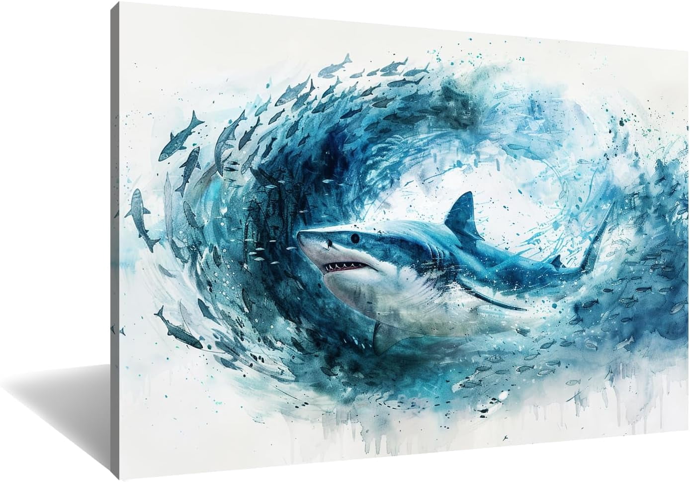 AABERIC Shark Wall Art Blue Painting Shark Catching Fish Picture Print ...