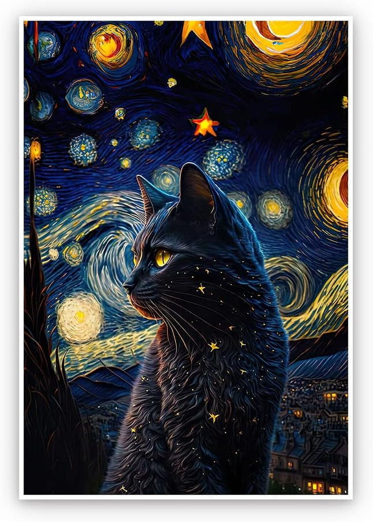 AABERIC The Starry Night Cat Canvas Wall Art Famous Oil Paintings Black Cat Poster Funny Cat ...