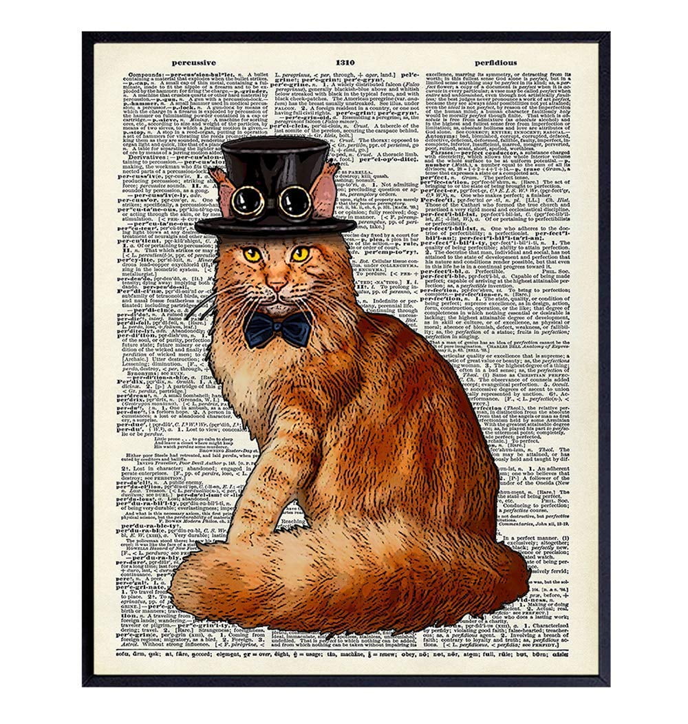 AABERIC Steampunk Cat Wall Art Decor Dictionary Art Poster Picture ...