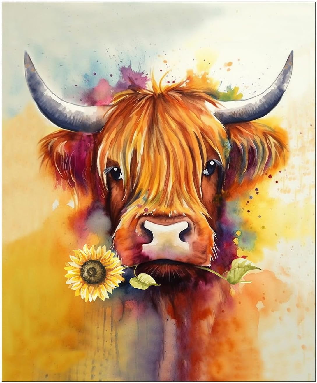AABERIC Sunflower Highland Cow Poster - Rainbow Watercolor Cute and ...