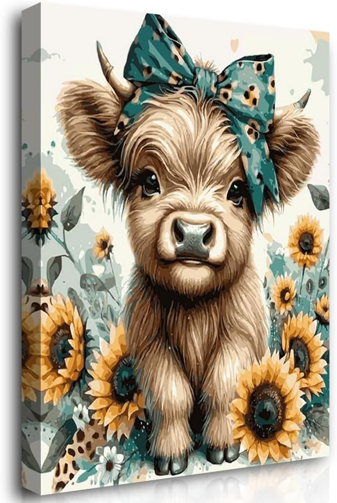 AABERIC Teal Baby Highland Cow Wall Art Decor Farmhouse Highland Cow ...