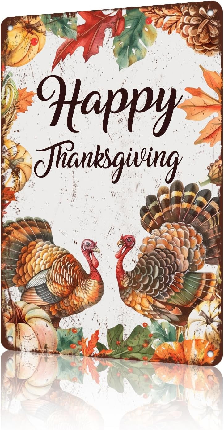 AABERIC Thanksgiving Turkey Metal Sign Fall Pumpkin Tin Sign Maple Leaf ...
