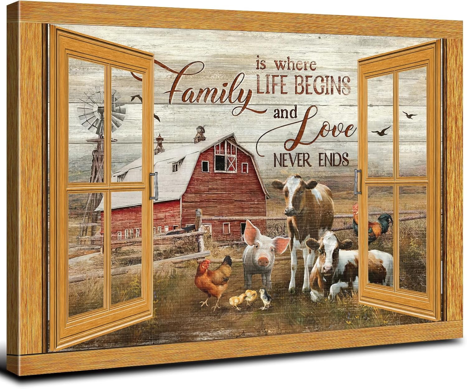 AABERIC Vintage Cow Canvas Wall Art Fake Window Rooster Kitchen Decor ...