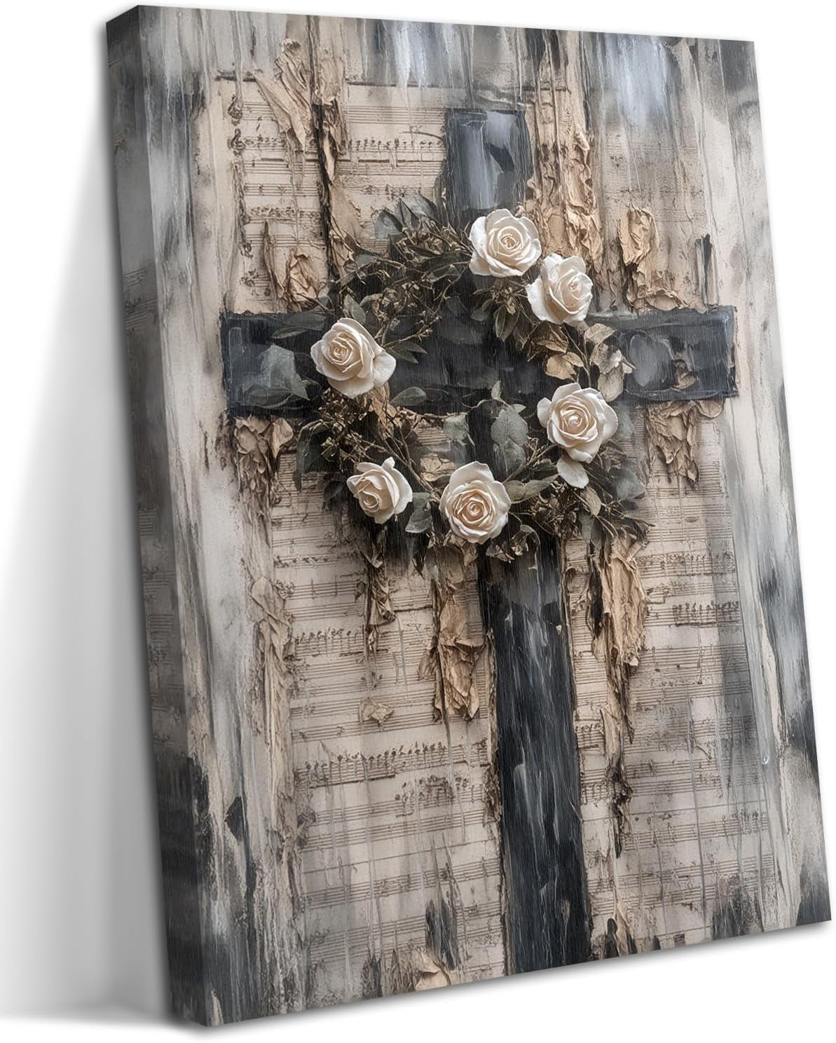 AABERIC Vintage Cross Christian Wall Art, White Rose Wreath Canvas ...
