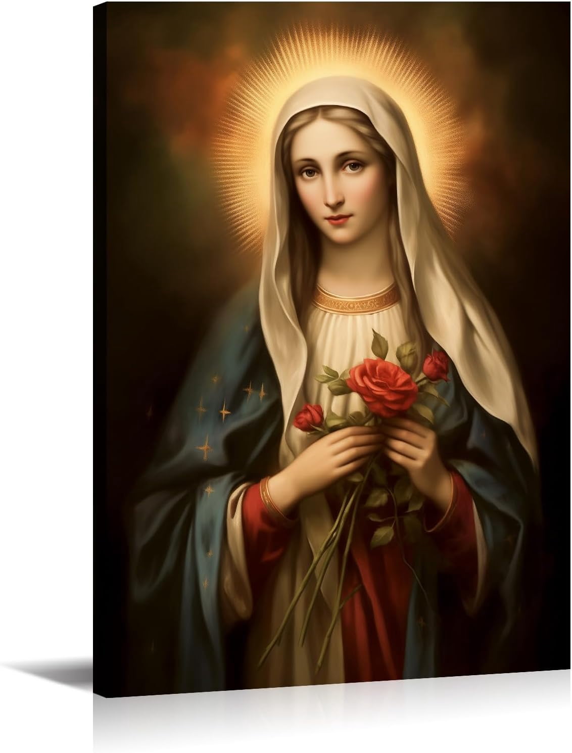 AABERIC Virgin Mary Canvas Wall Art Saint Mary with Red Roses & Golden ...