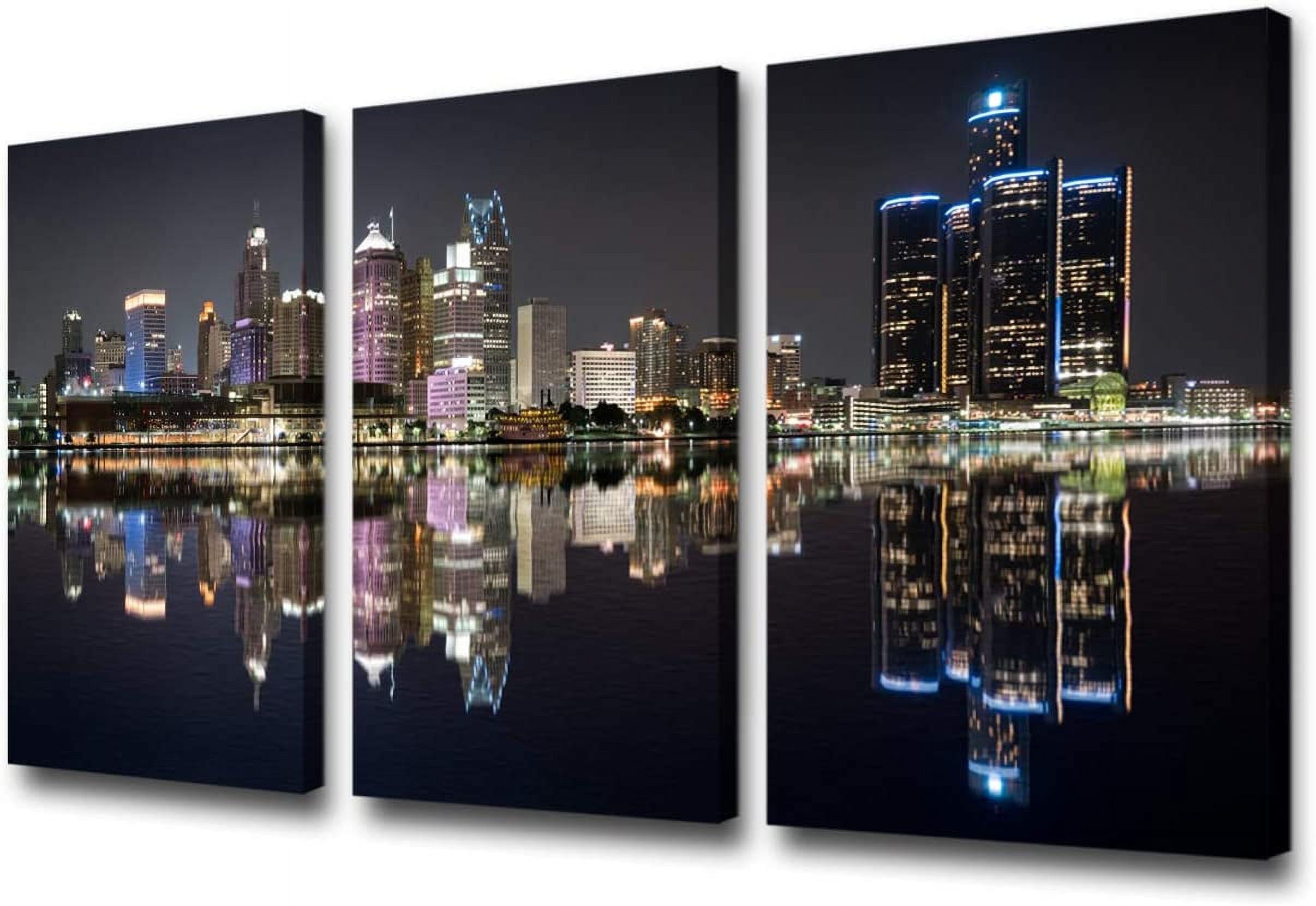 AABERIC Wall Art Beautiful Detroit Skyline Black & White Canvas Art ...
