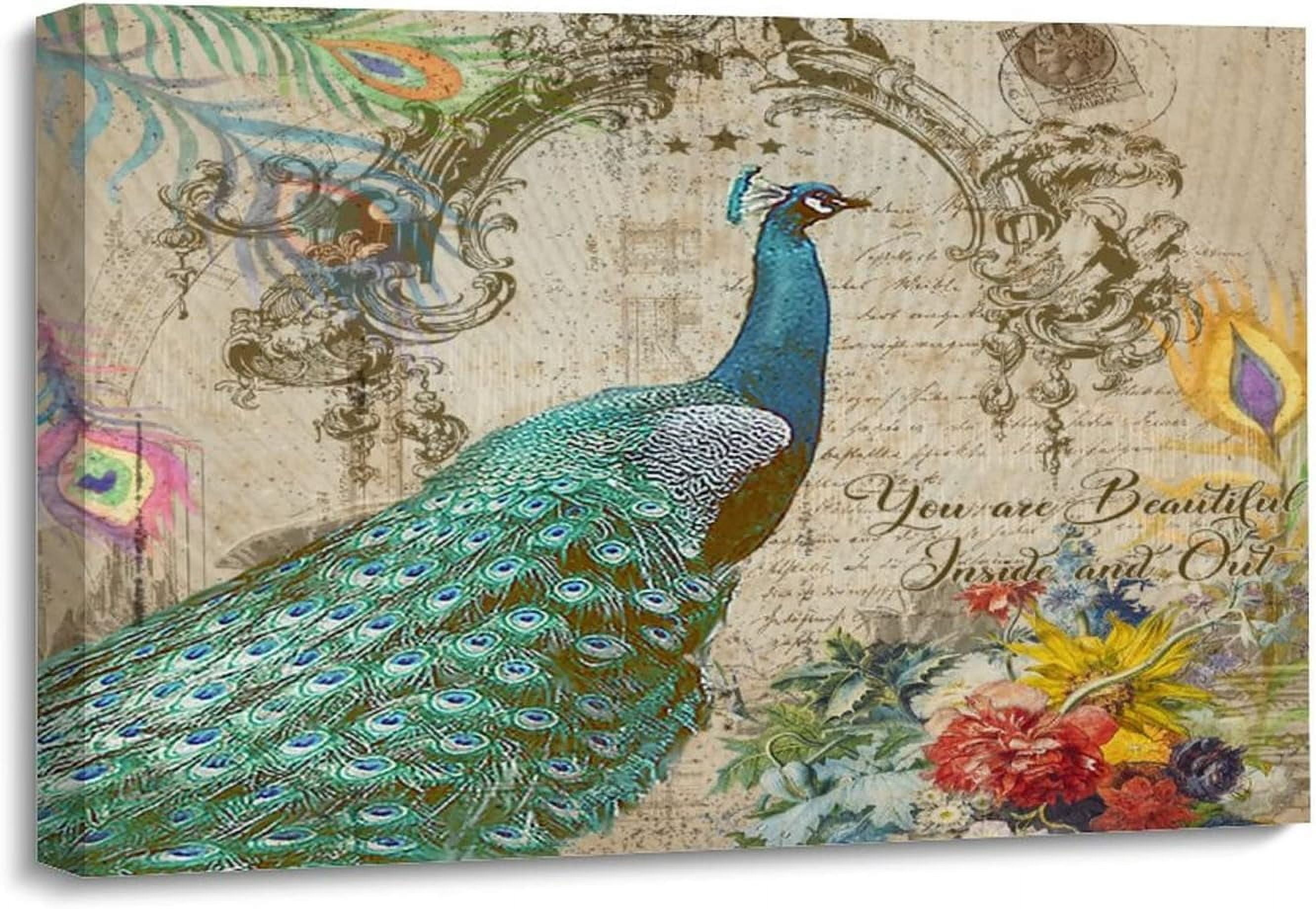 AABERIC Wall Prints Retro Peacock Standing Among Flowers Canvas Print ...