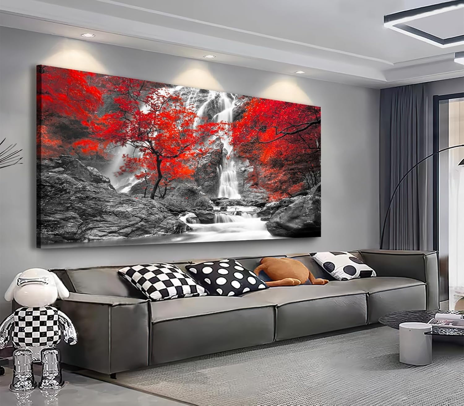 AABERIC Waterfall Canvas Wall Art Forest Canvas Pictures Red Maple Leaf ...
