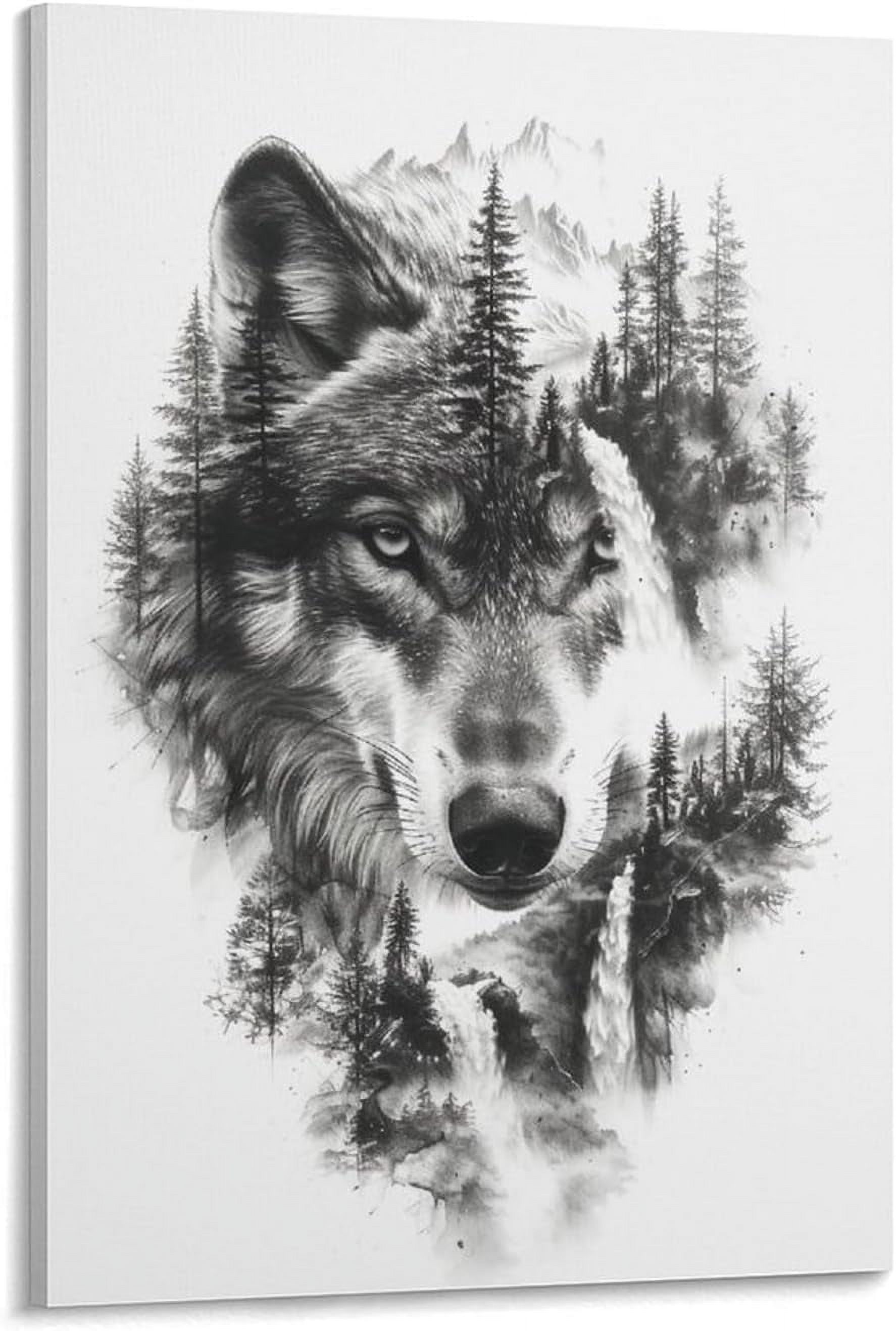 AABERIC Wild Wolf Wall Art Black And White Abstract Animal Forest Trees ...