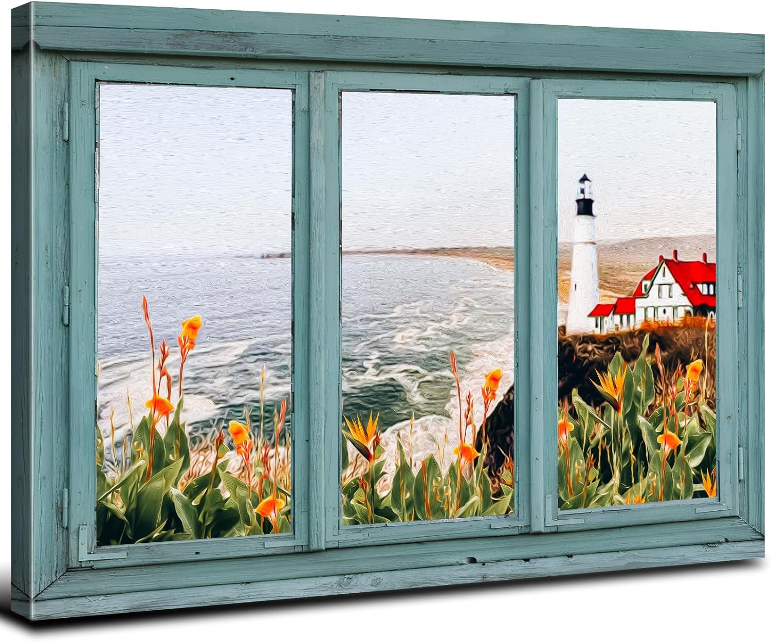AABERIC Window Beach Wall Art Nautical Lighthouse Landscape Picture ...