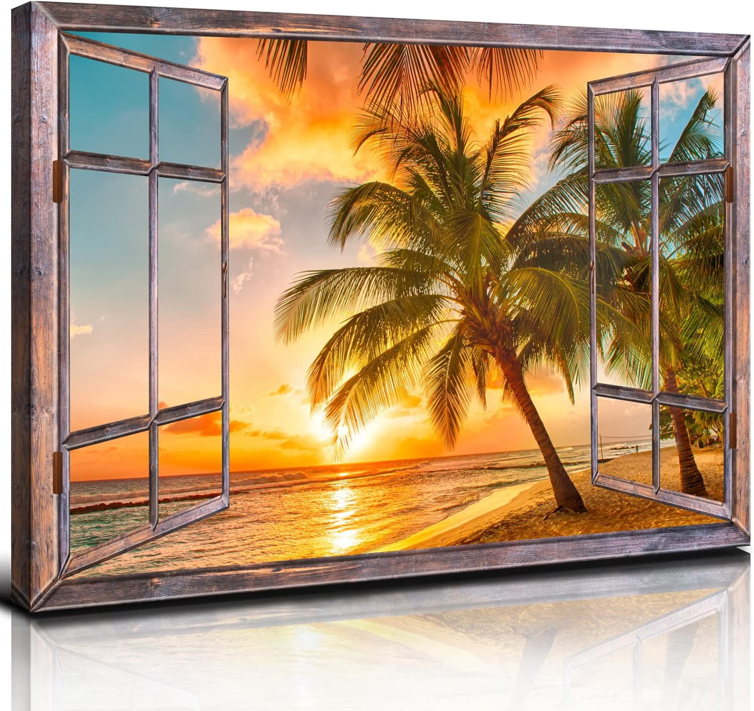 AABERIC Window Ocean Scenery Wall Art Sunset Beach Canvas Pictures Palm ...
