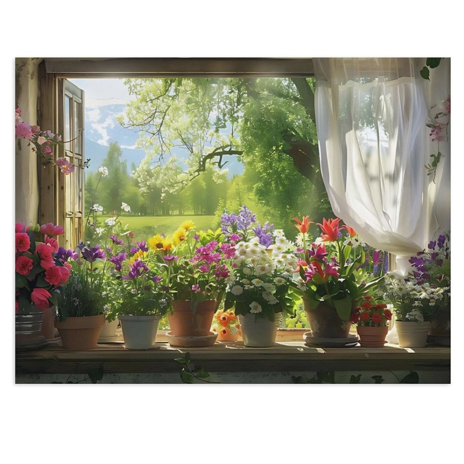 AABERIC Window View Wall Art English Countryside and Garden Flowers ...