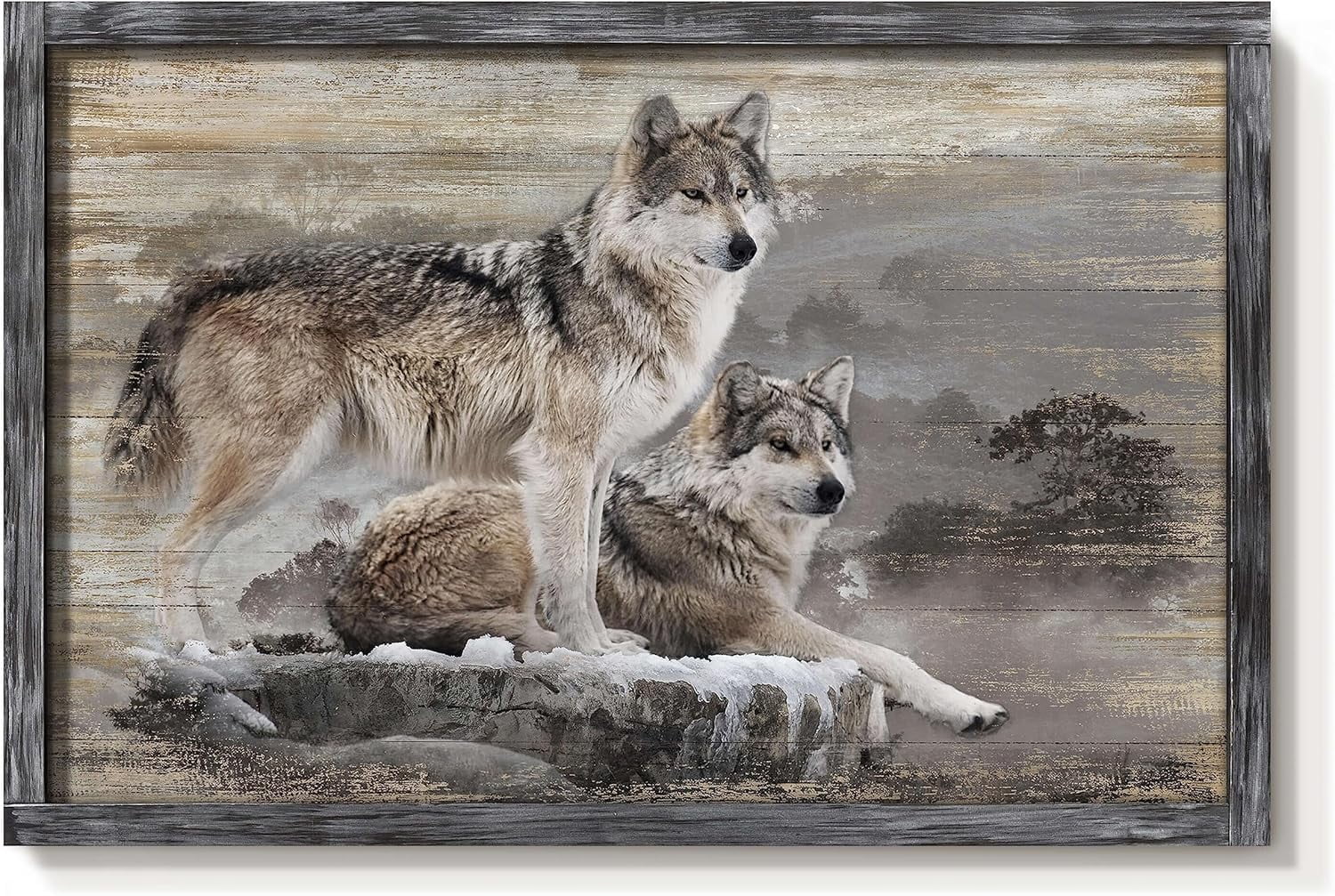 AABERIC Wolf Framed Wall Art Decor: Western Farm Wooden Painting Wild ...