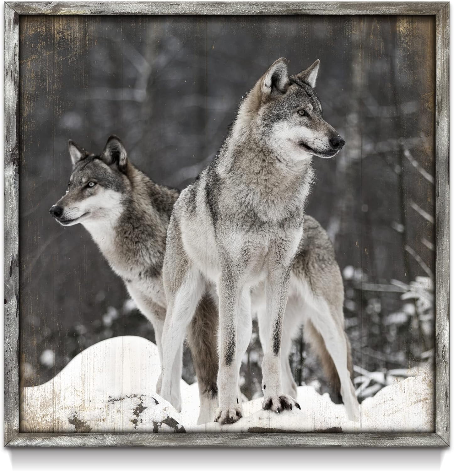 AABERIC Wolf Wooden Wall Art Rustic: Framed Wild Beige Animal Painting ...