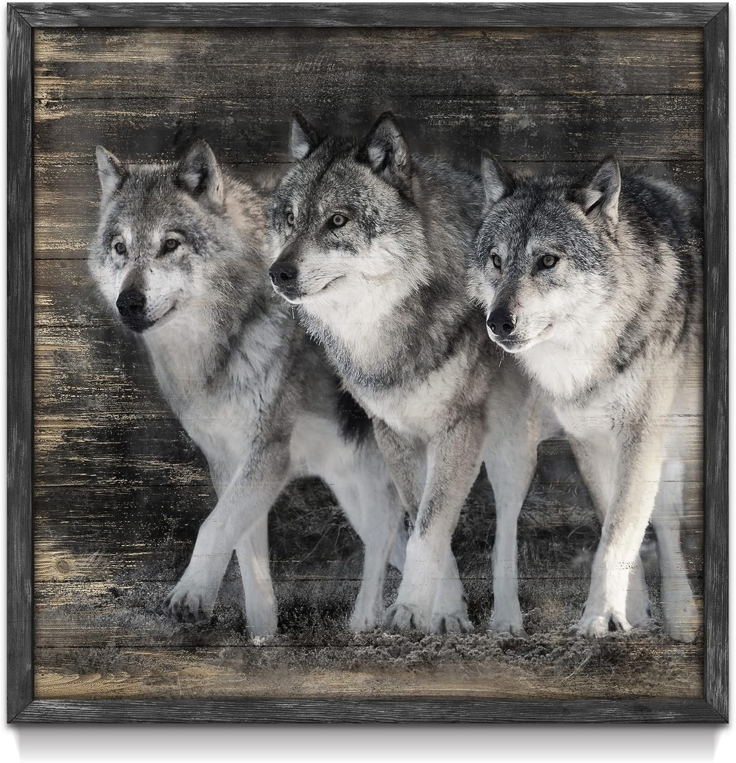 AABERIC Wolf Wooden Wall Art Rustic: Framed Wild Beige Animal Painting ...
