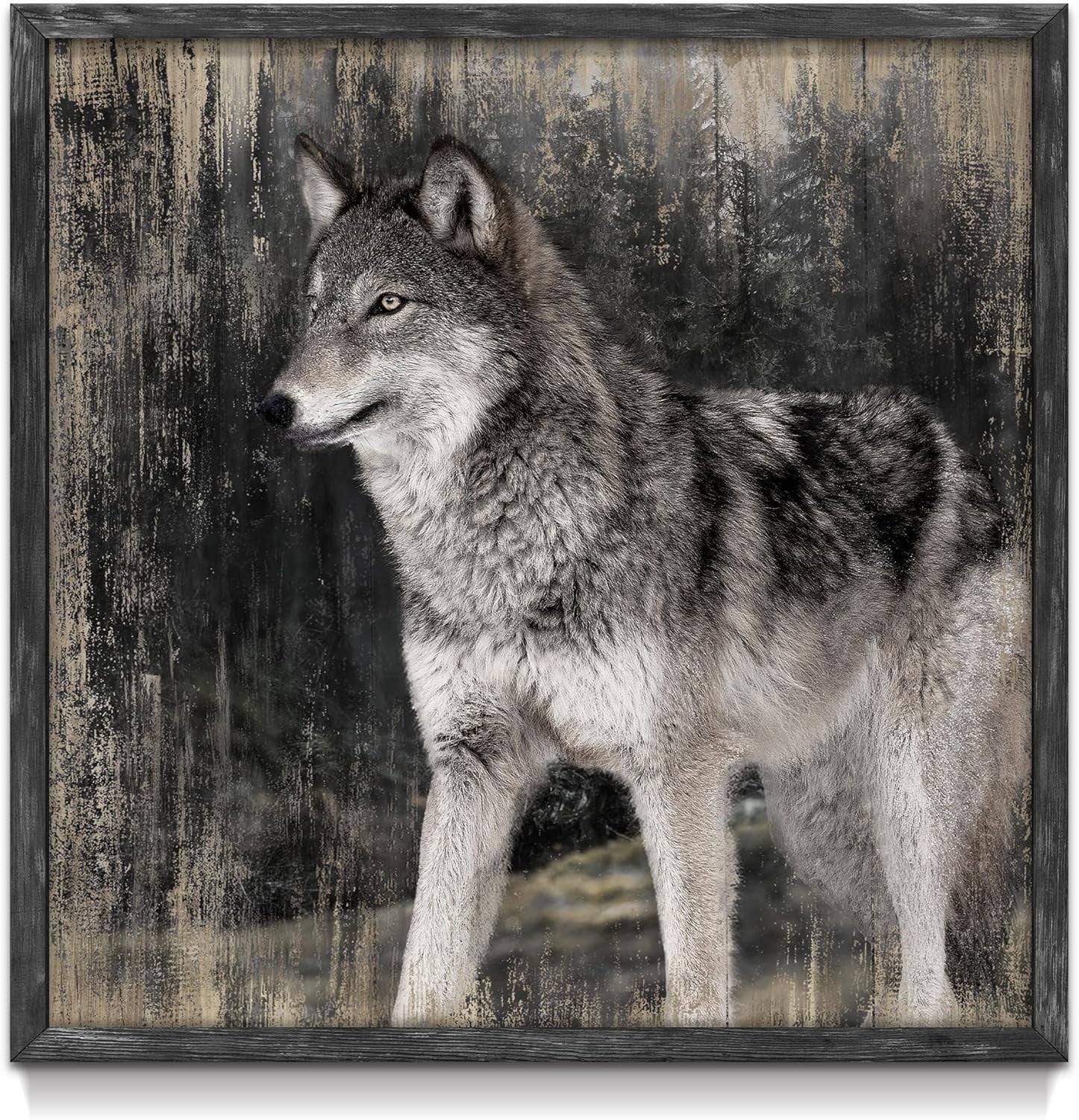 AABERIC Wolf Wooden Wall Art Rustic: Framed Wild Beige Animal Painting ...