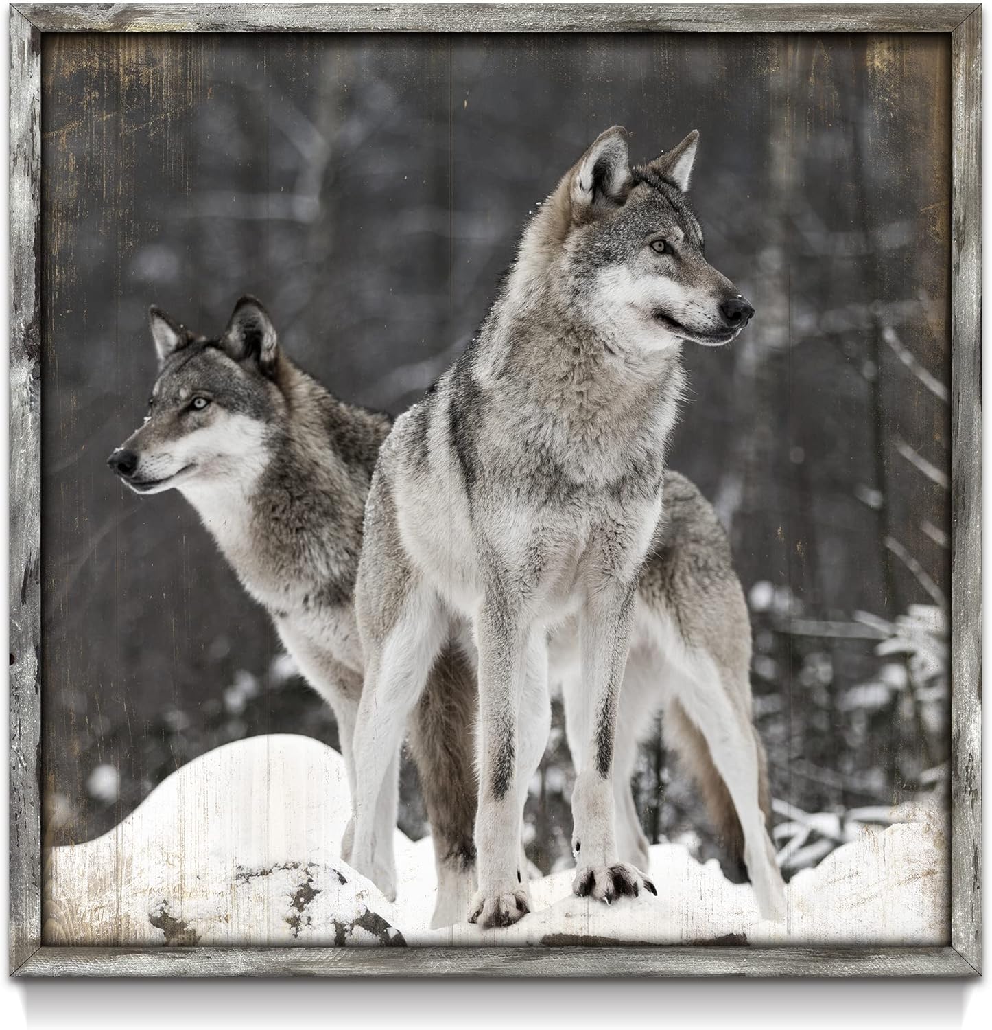 AABERIC Wolf Wooden Wall Art Rustic: Framed Wild Beige Animal Painting ...
