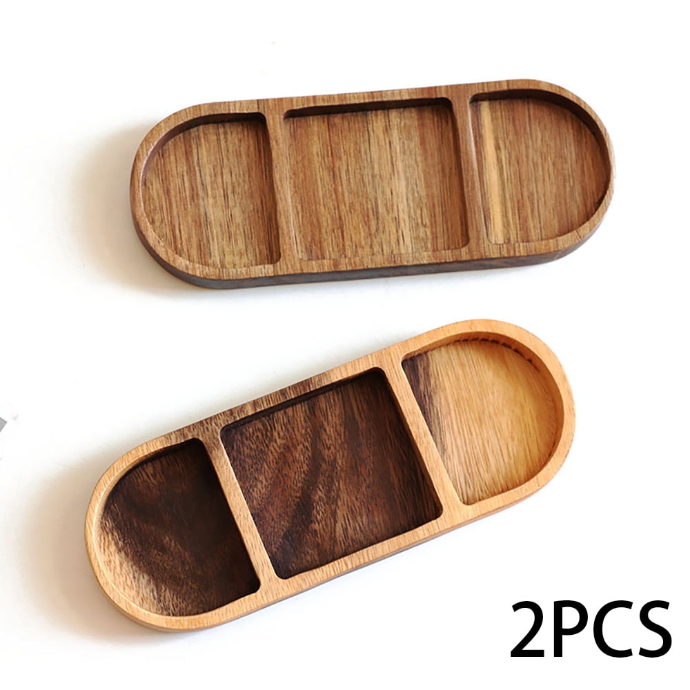 AAOMASSR 2Pcs Retro Natural Wooden Dip Dish Condiment Plate 3-Grid ...