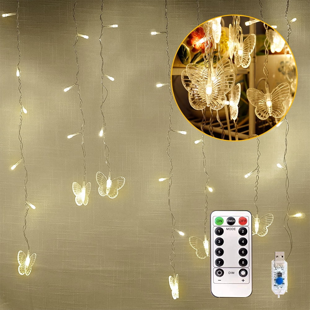 AAOMASSR Butterfly Curtain Fairy Lights USB Plug in,8 Modes 120 LED 14 ...